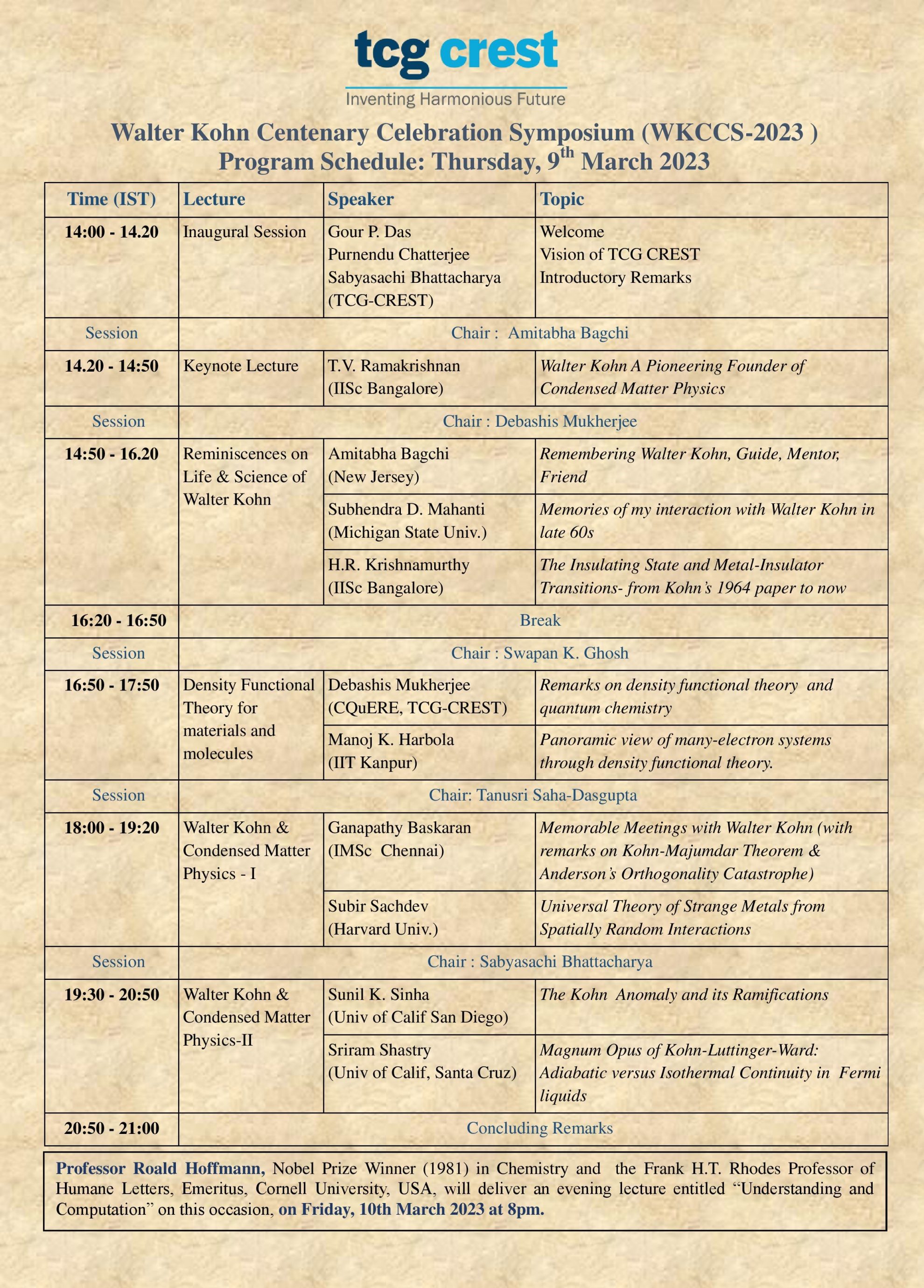 Walter Kohn Centenary Celebration – TCG Crest